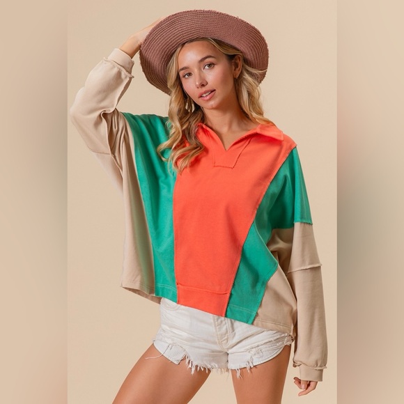 BiBi | Tops | Bibi Vibrant Colorblock Hoodie Orange Green Tan | Poshmark